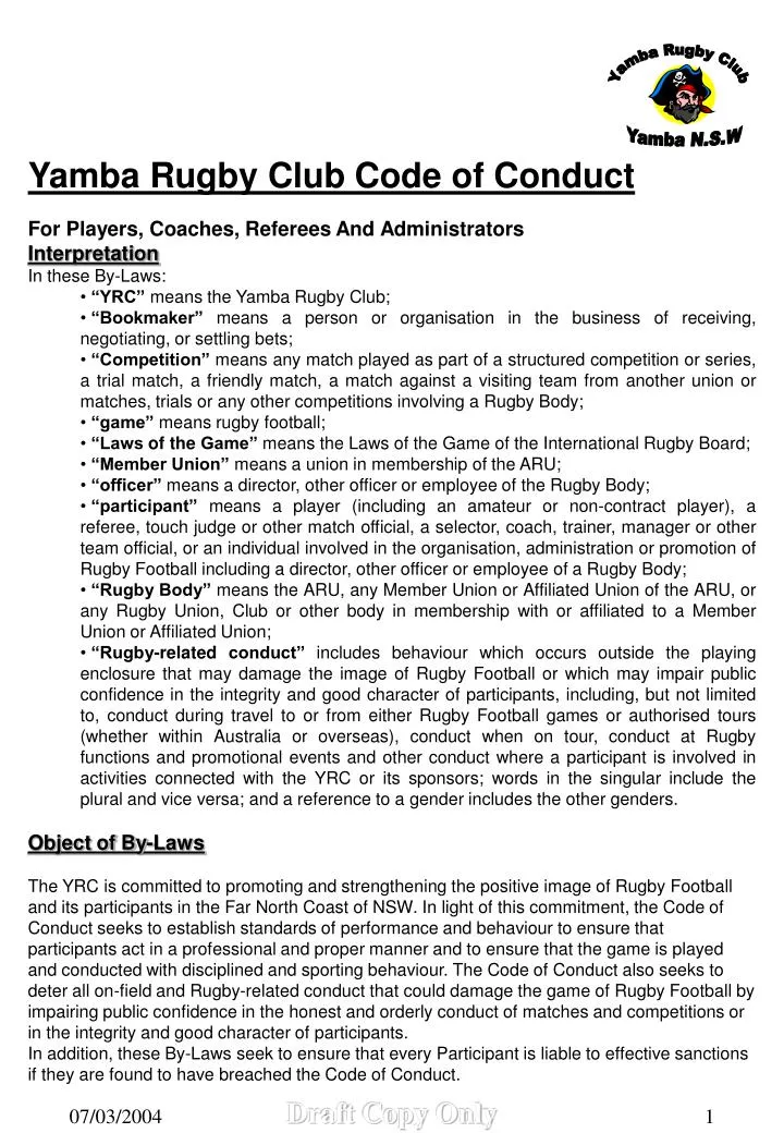 PPT - Yamba Rugby Club Code of Conduct For Players, Coaches, Referees ...