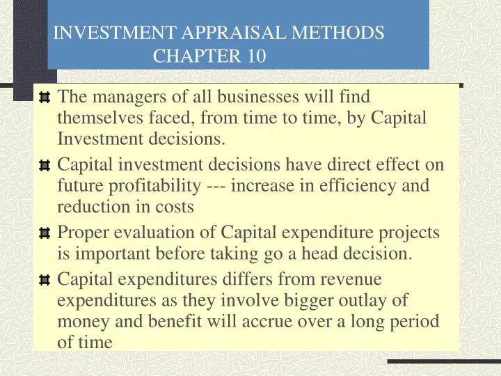 PPT - INVESTMENT APPRAISAL METHODS CHAPTER 10 PowerPoint Presentation ...
