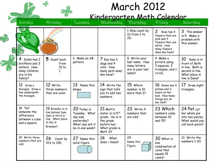 PPT - March 2012 Kindergarten Math Calendar PowerPoint Presentation ...