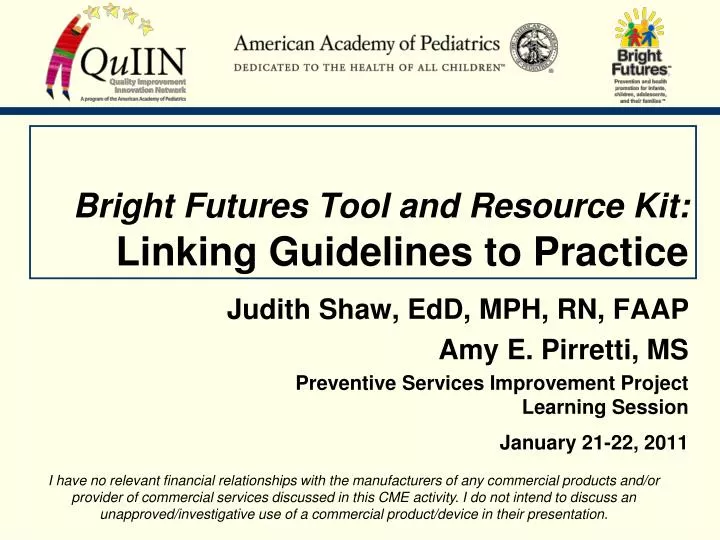 PPT - Bright Futures Tool and Resource Kit: Linking Guidelines to ...