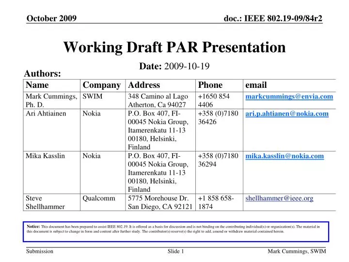 PPT - Working Draft PAR Presentation PowerPoint Presentation, free ...