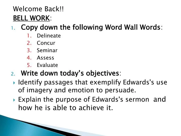 PPT - Welcome Back!! BELL WORK : Copy down the following Word Wall ...