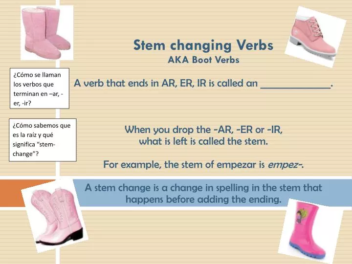 PPT - Stem changing Verbs AKA Boot Verbs A verb that ends in AR, ER, IR ...