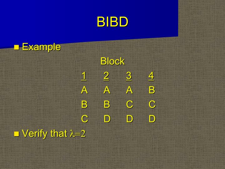 PPT - Balanced Incomplete Block Design (BIBD) PowerPoint Presentation ...