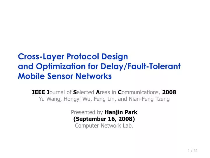 Ppt Cross Layer Protocol Design And Optimization For Delayfault Tolerant Mobile Sensor
