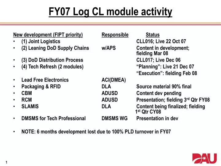 PPT - FY07 Log CL module activity PowerPoint Presentation, free ...