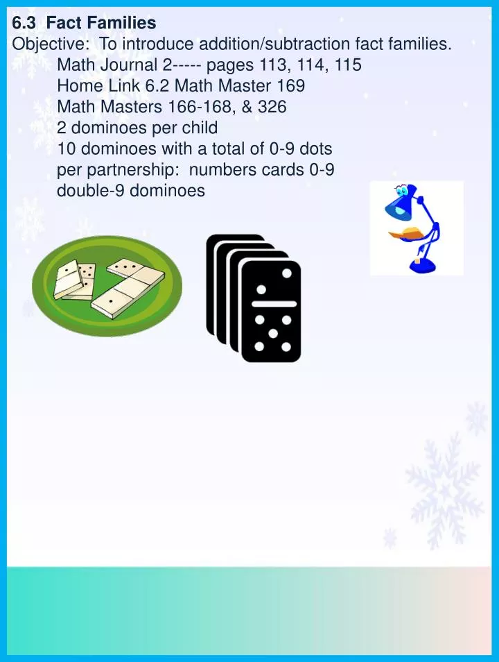 PPT - 6.3 Fact Families Objective: To introduce addition/subtraction ...