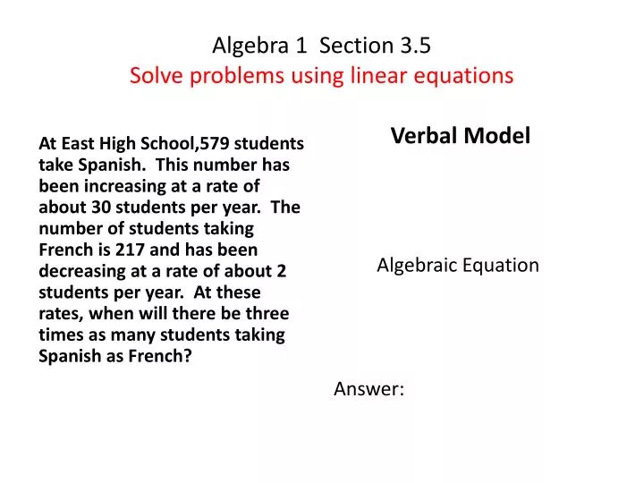 PPT - Algebra 1 Section 3.5 Solve problems using linear equations ... PPT - Algebra 1 Section 3.5 Solve problems using linear equations ...