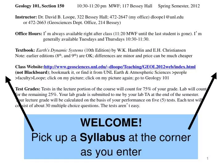PPT - WELCOME! Pick up a Syllabus at the corner as you enter PowerPoint ...