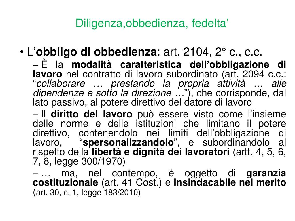 PPT - Diligenza,obbedienza, fedelta’ del prestatore di lavoro ...