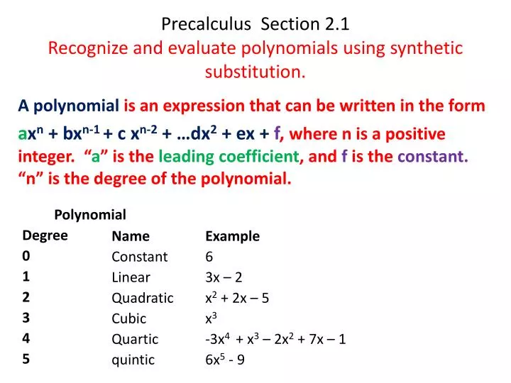 PPT - Precalculus Section 2.1 Recognize and evaluate polynomials using ...