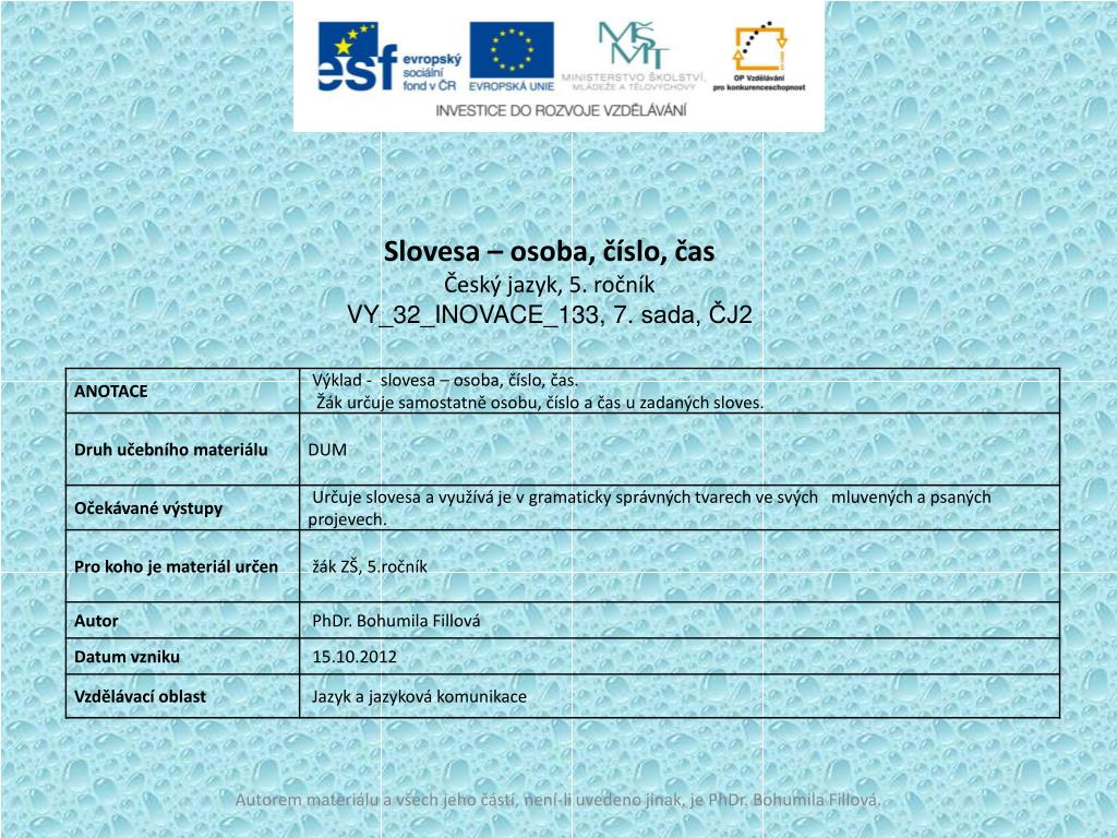 PPT - Slovesa – osoba, číslo, čas Český jazyk, 5. ročník VY_32_INOVACE ...