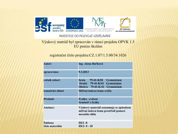 PPT - Měření indexu lomu světla PowerPoint Presentation, free download ...