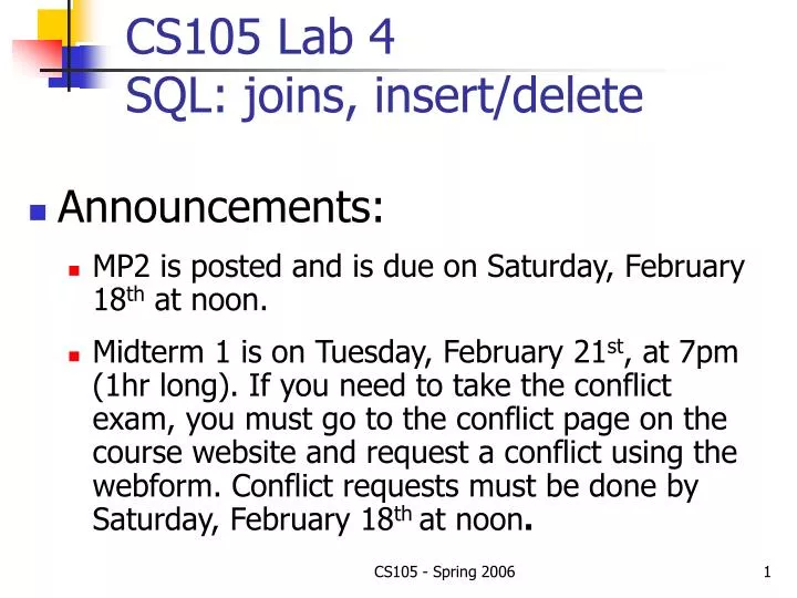 PPT - CS105 Lab 4 SQL: joins, insert/delete PowerPoint Presentation ...