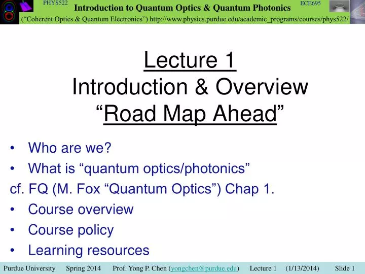 PPT - Lecture 1 Introduction & Overview “ Road Map Ahead ” PowerPoint ...