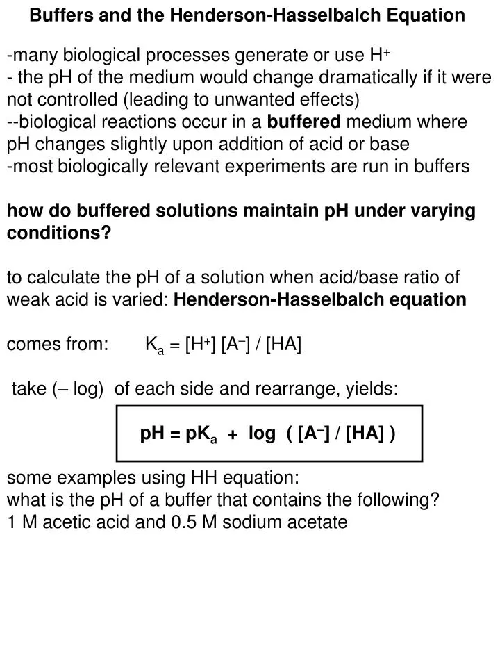 PPT - Buffers and the Henderson-Hasselbalch Equation PowerPoint ...