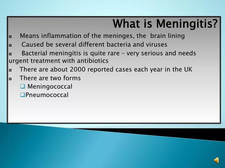 PPT - What is Meningitis? Means inflammation of the meninges, the brain ...