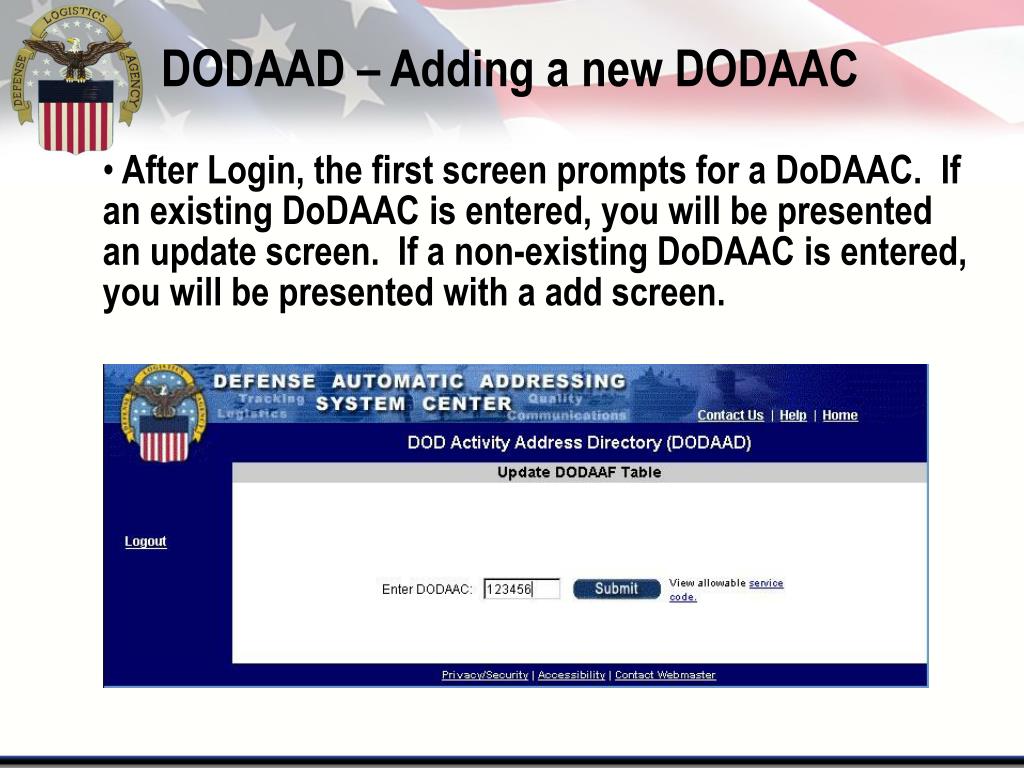 PPT - DoDAAD – DoD A ctivity A ddress D irectory Update Application ...