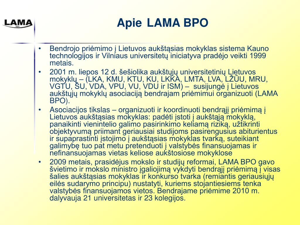 PPT - 2010 m. bendrojo priėmimo į Lietuvos aukštąsias mokyklas tvarka ...