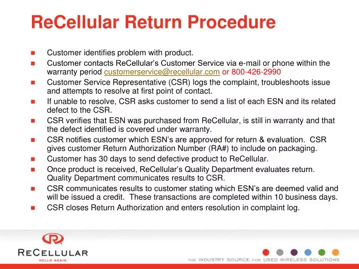PPT - ReCellular Return Procedure PowerPoint Presentation, free ...