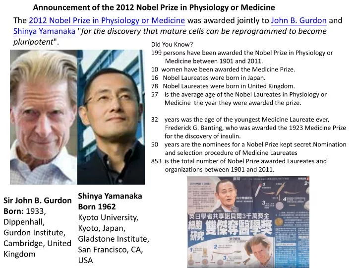 PPT - Announcement of the 2012 Nobel Prize in Physiology or Medicine ...