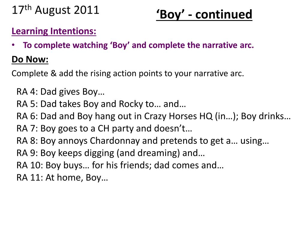 PPT - Learning Intentions: To complete watching ‘Boy’ and complete the ...