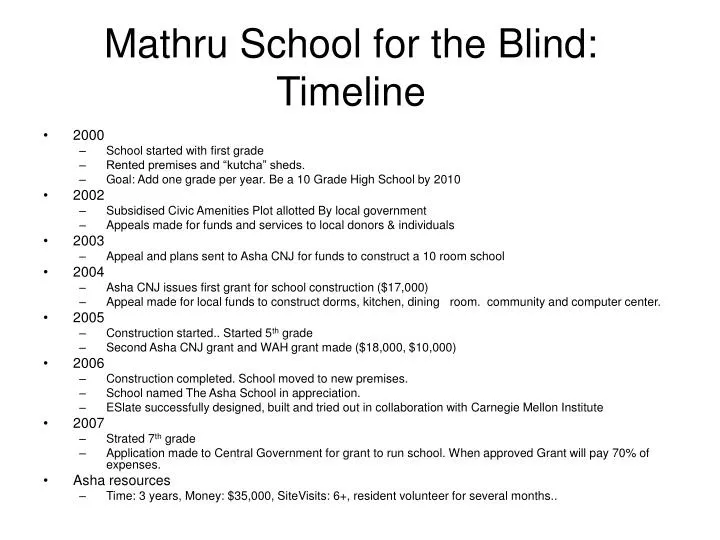 PPT - Mathru School for the Blind: Timeline PowerPoint Presentation ...