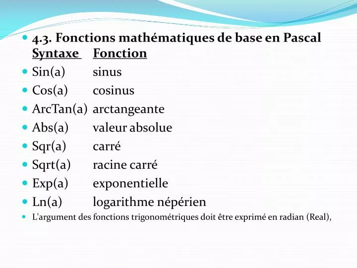 PPT - 4.3. Fonctions mathématiques de base en Pascal Syntaxe Fonction Sin(a) sinus PowerPoint ...