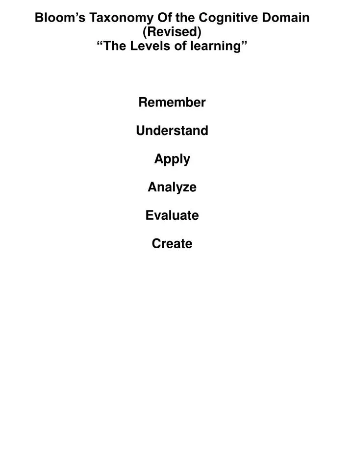 PPT - Bloom’s Taxonomy Of the Cognitive Domain (Revised) “The Levels of ...