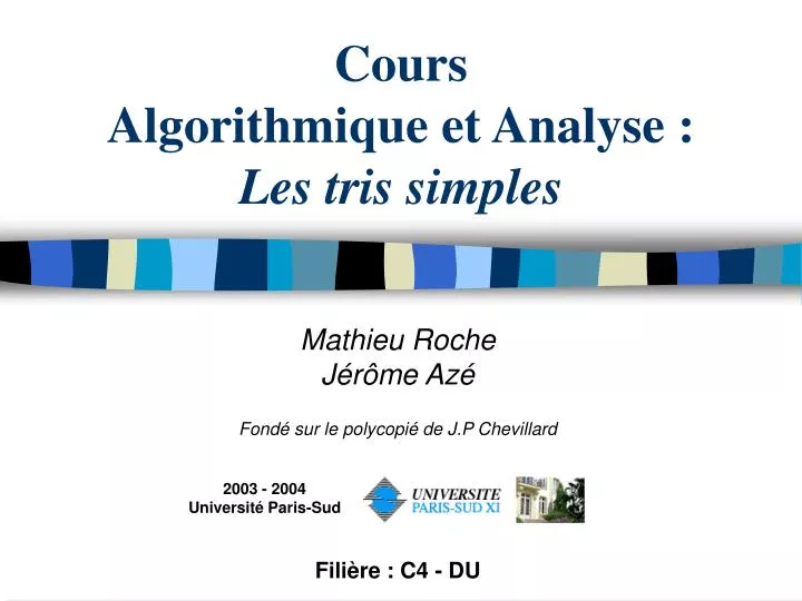PPT - Cours Algorithmique et Analyse : Les tris simples PowerPoint ...