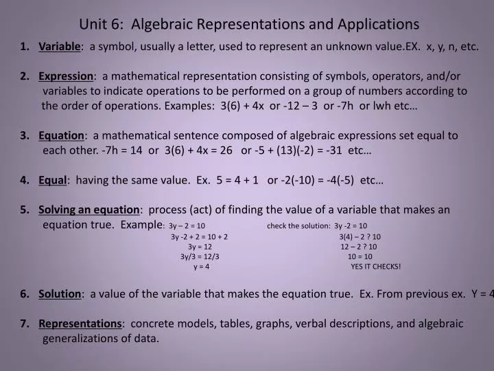 PPT - Unit 6: Algebraic Representations and Applications PowerPoint ...