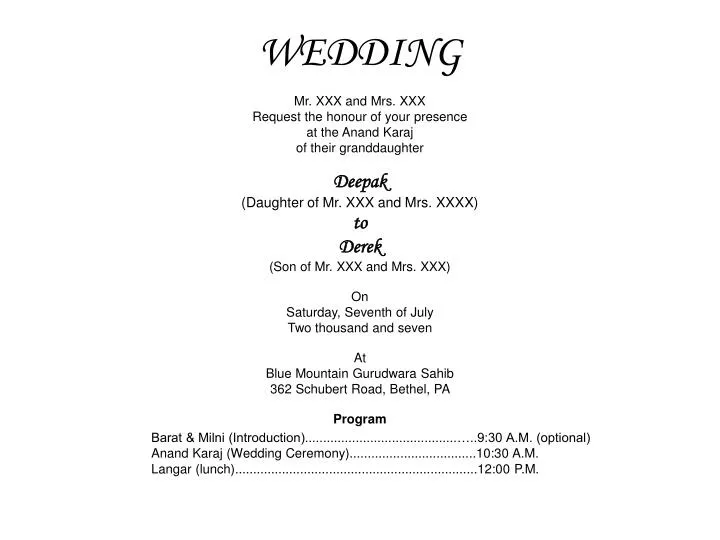 PPT - WEDDING Mr. XXX and Mrs. XXX Request the honour of your presence ...