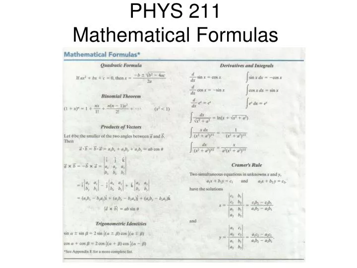 PPT - PHYS 211 Mathematical Formulas PowerPoint Presentation, free ...