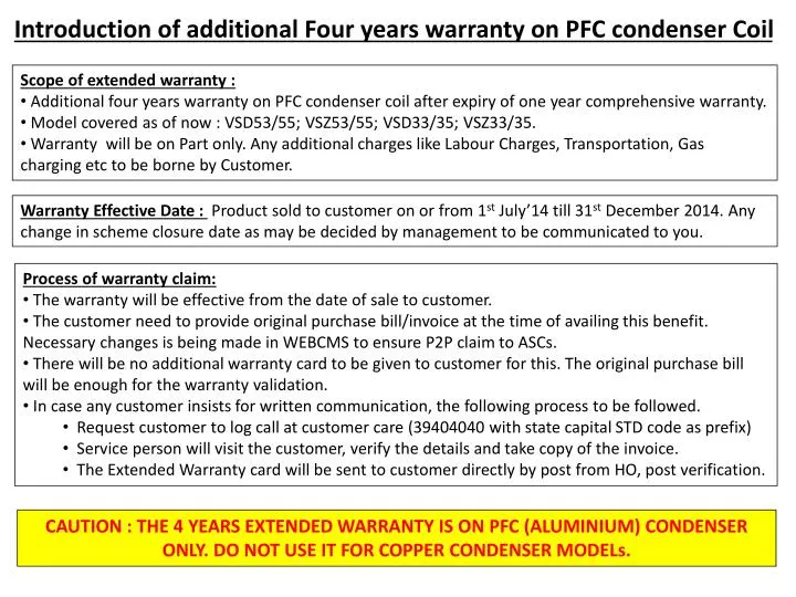 PPT - Introduction of additional Four years warranty on PFC condenser ...