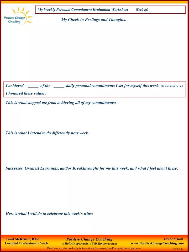 PPT - My Weekly Personal Commitment Evaluation Worksheet Week of ...