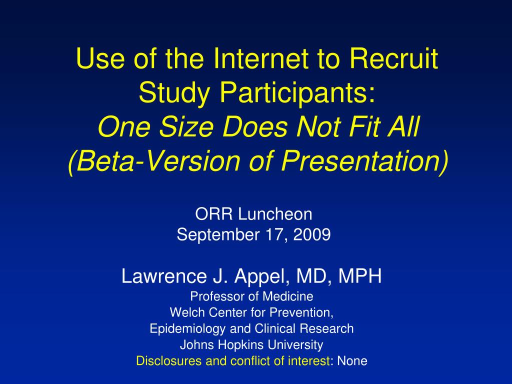 PPT - Lawrence J. Appel, MD, MPH Professor of Medicine Welch Center for ...