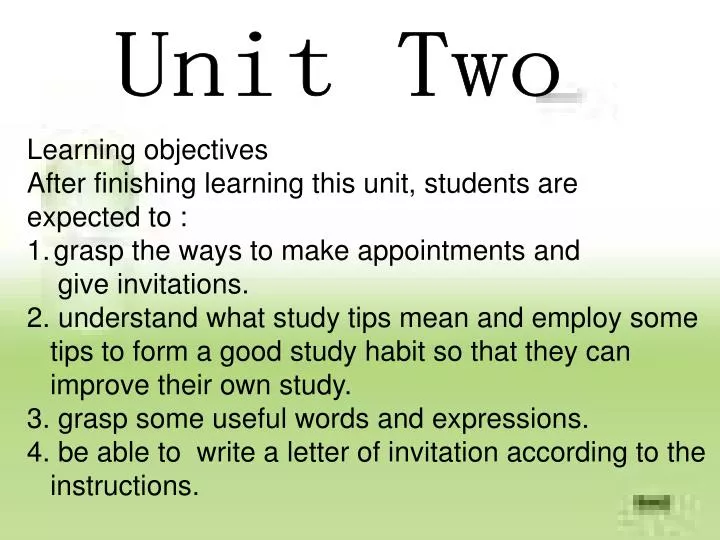 PPT - Learning objectives After finishing learning this unit, students ...
