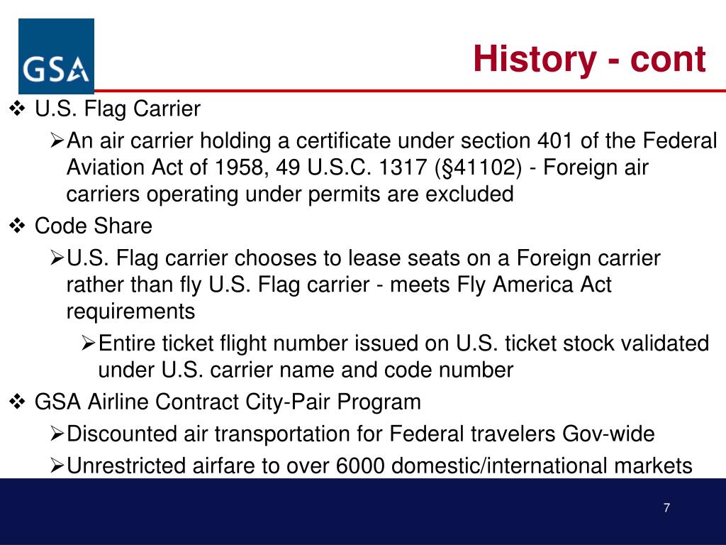 PPT - Fly America Act Briefing: GSA Authority History and Exceptions ...