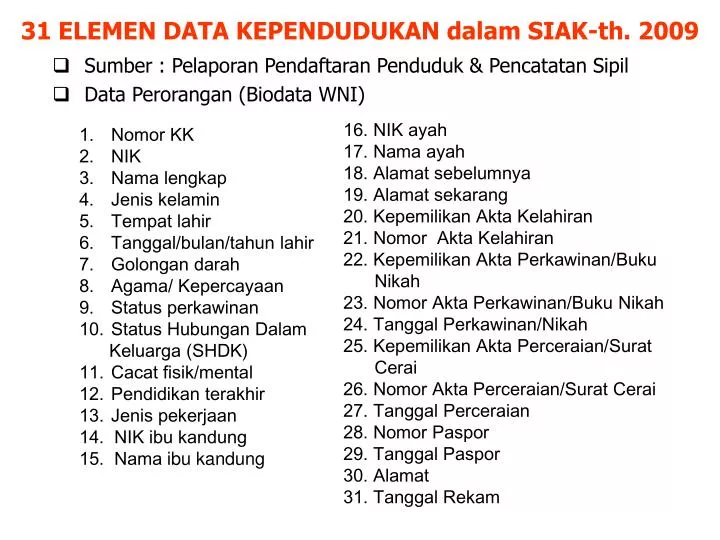 PPT - 31 ELEMEN DATA KEPENDUDUKAN dalam SIAK-th. 2009 PowerPoint ...