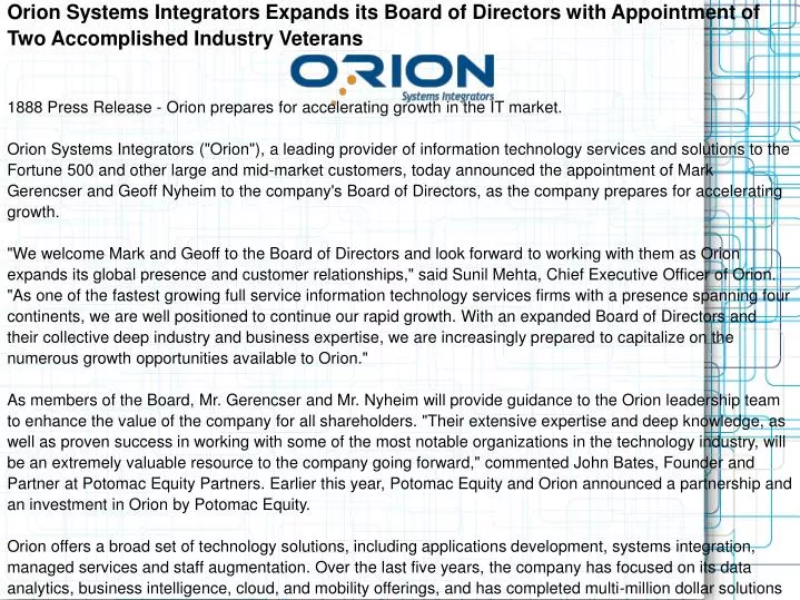 PPT - Orion Systems Integrators Expands its Board of Directors ...